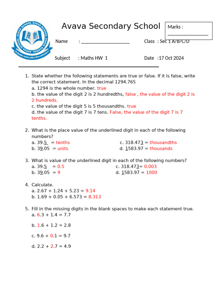 Maths Homework for Sec 1 Students | PDF
