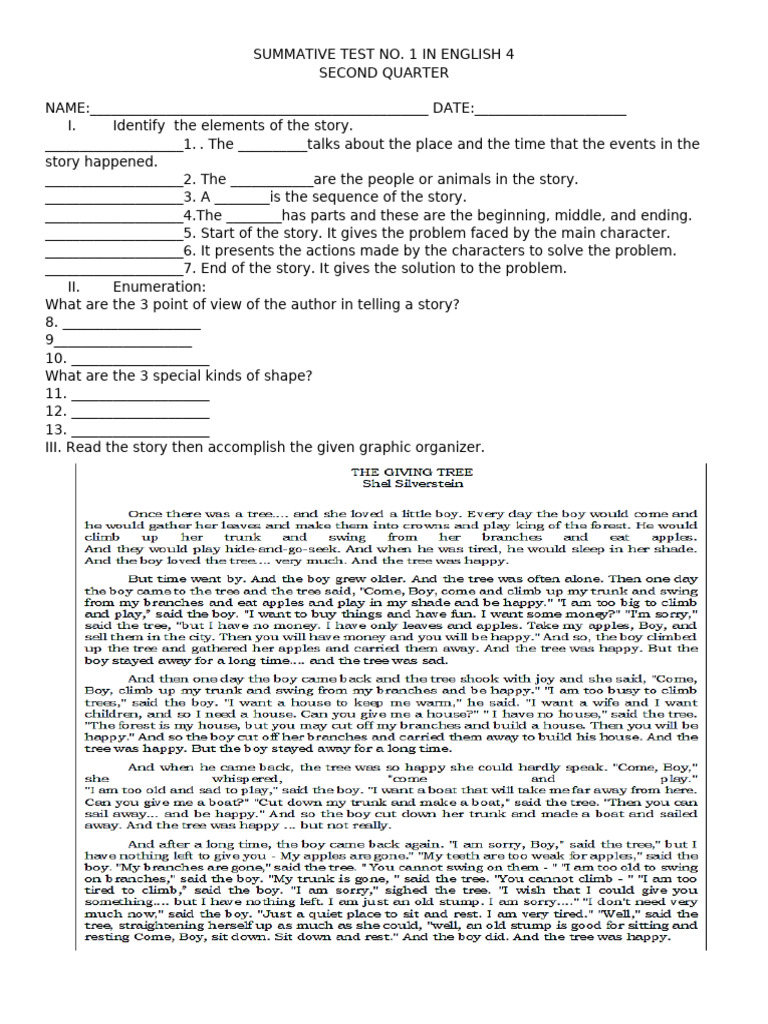 English 4 Summative Test: Story Elements | PDF
