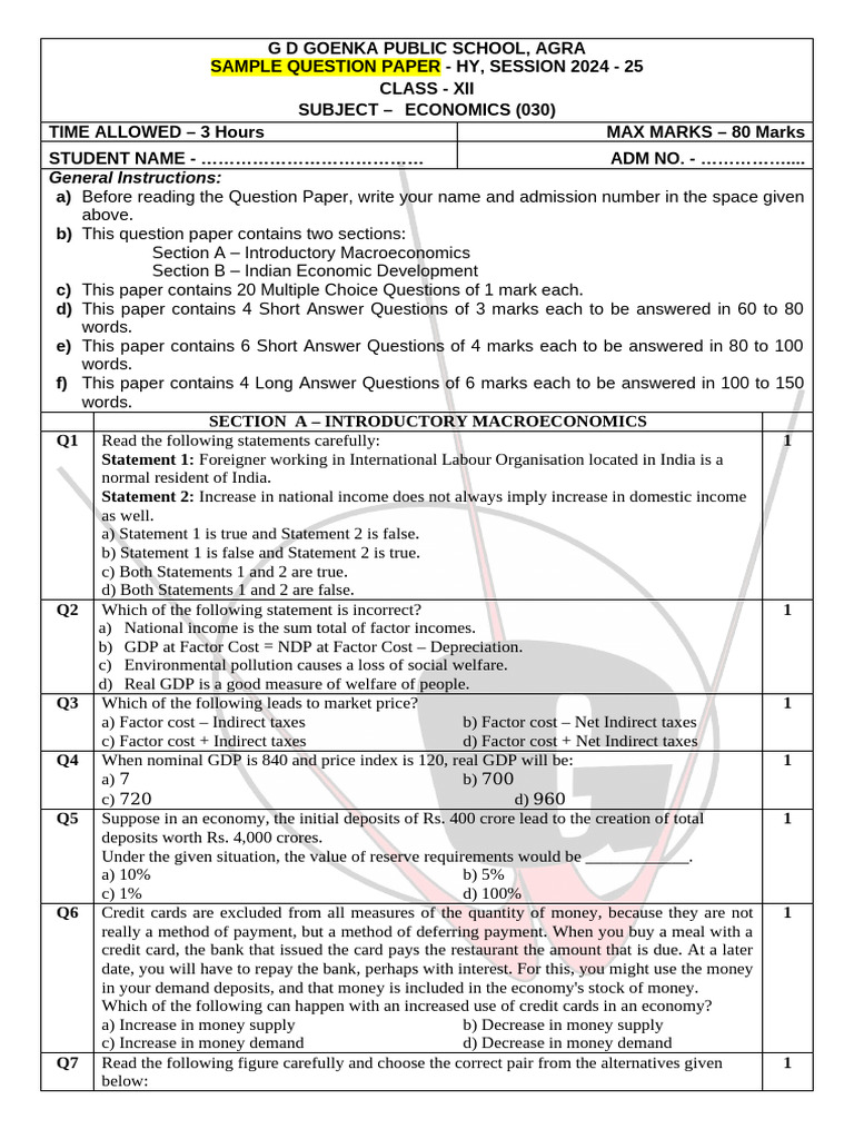 XII - HY - ECO - SQP 2 | PDF | Gross Domestic Product | Government Budget Balance