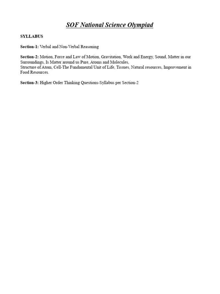 SOF National Science Olympiad: Syllabus Section-1: Section-2 | PDF