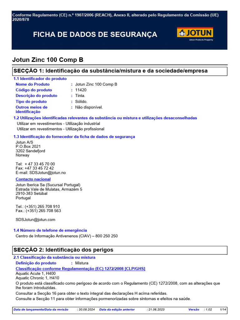 SDS 11420 Jotun Zinc 100 Comp B PoP PT | PDF | Desperdício