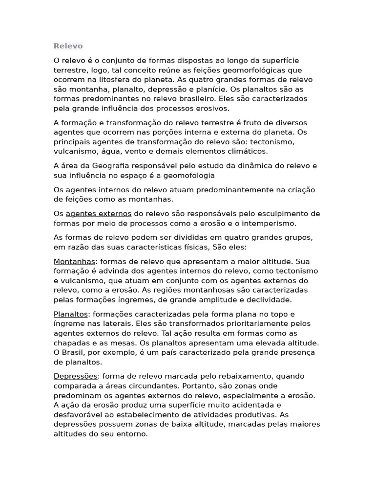 Formas de Relevo Terrestre e Seus Agentes | PDF | Terreno | Erosão