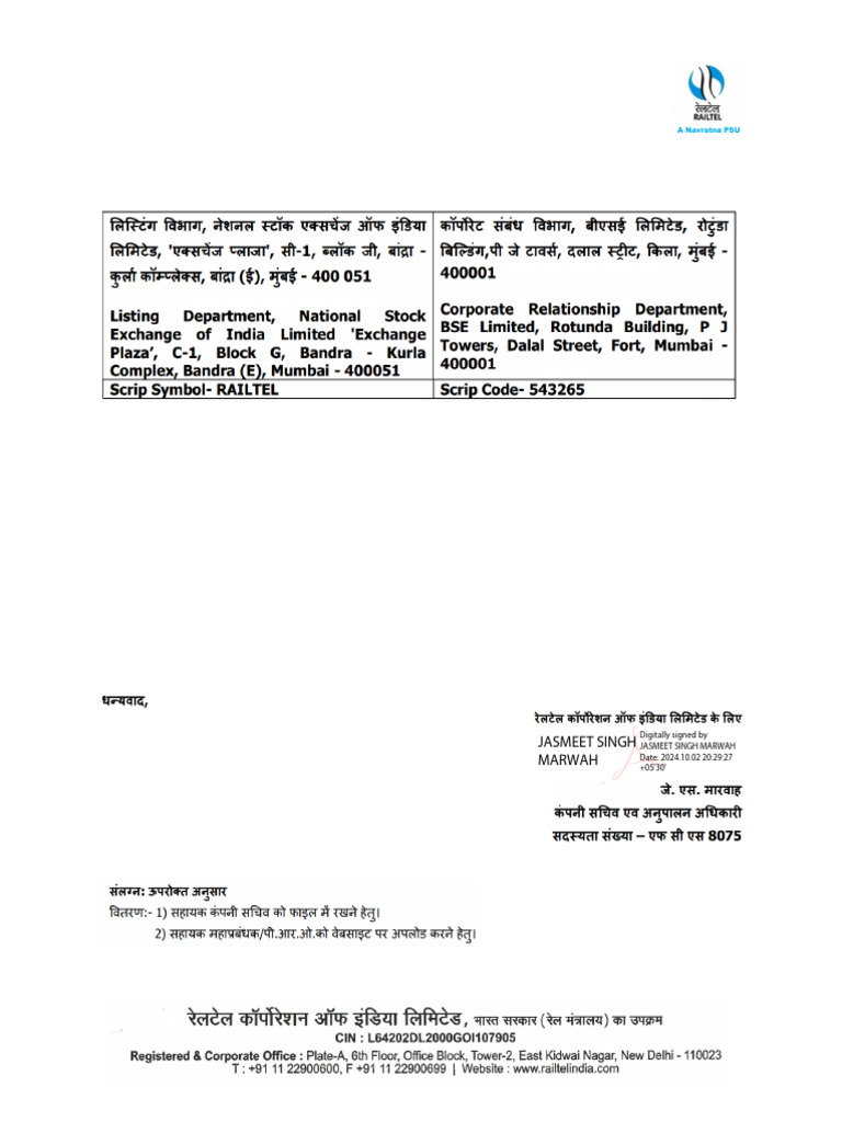 Ref: Railtel/Sectt/21/Se/S-16 Date: 02-Oct-2024: Jasmeet Singh Marwah ...