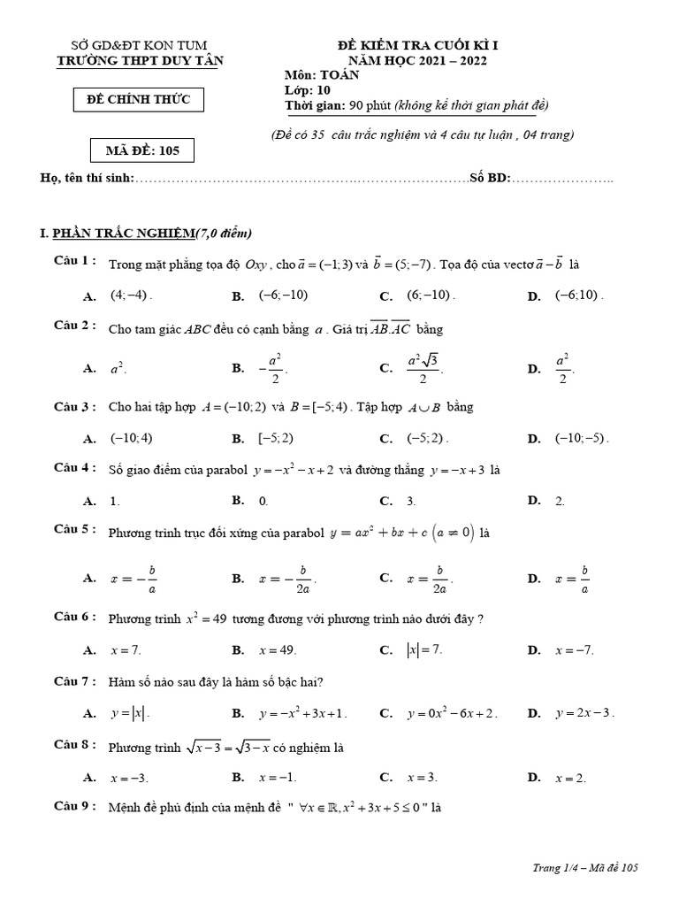 De Kiem Tra Cuoi Ki 1 Toan 10 Nam 2021 2022 Truong THPT Duy Tan Kon Tum 7fe79874cd | PDF
