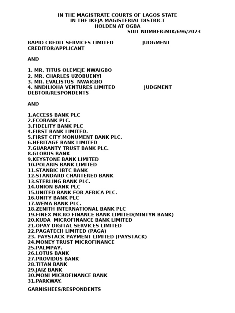 Motion Ex Parte Rcs V MR Titus Olemeje Nwaigbo and 3 Others | PDF | Common Law | Judiciaries