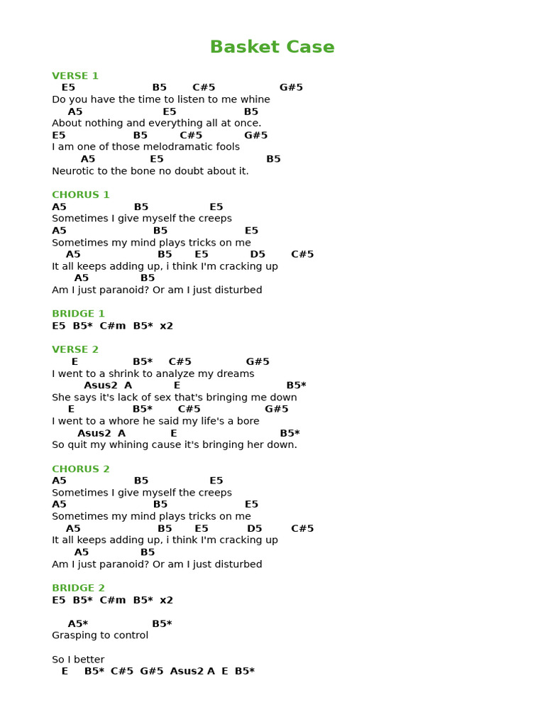 Green Day - Basket Case (Guitar Chords) | PDF