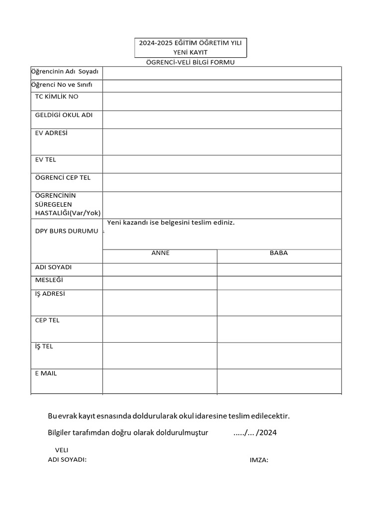 Ögrenci-Veli: 2024-2025 EĞİTİM Kayit Formu | PDF