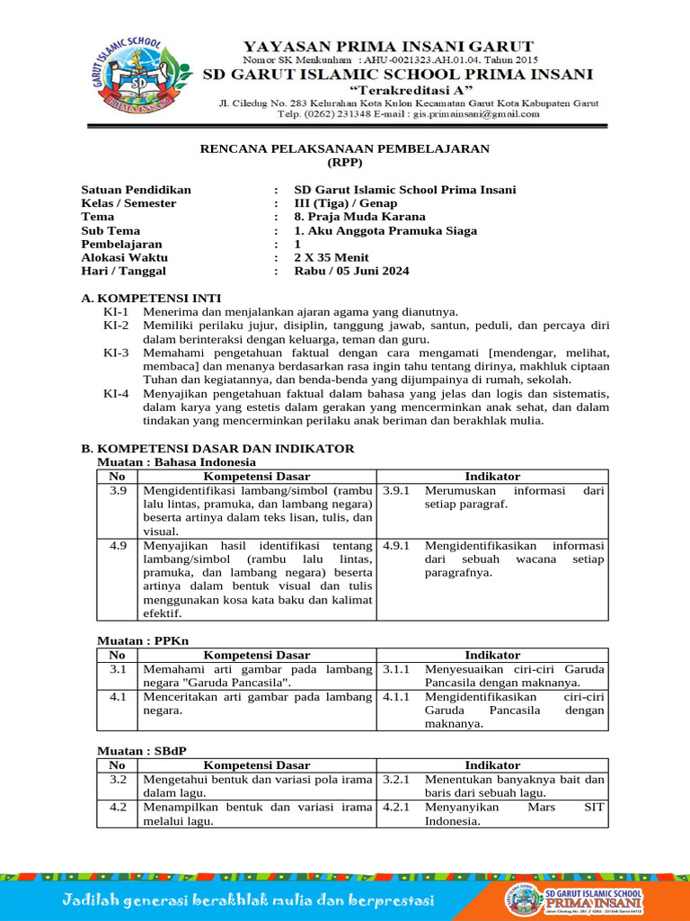 RPP Tema 8 ST 1 Pemb 1 KLS 3a | PDF
