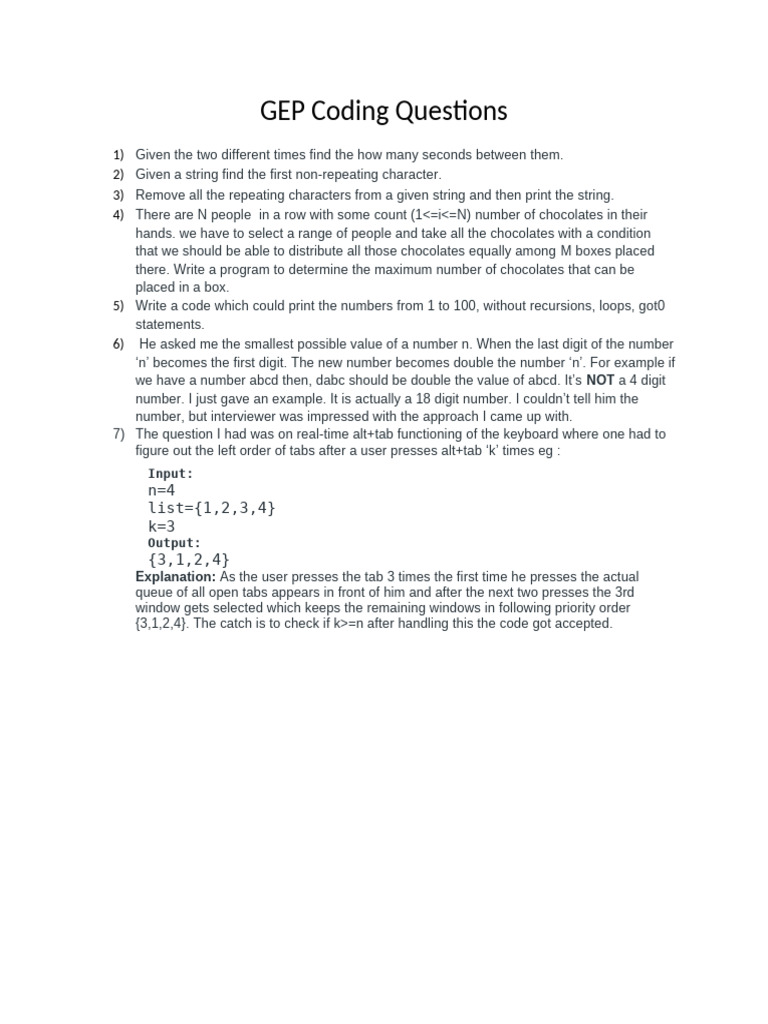 GEP Coding Questions | PDF | Teaching Methods & Materials | Computers