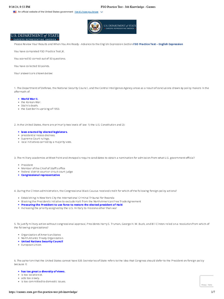 FSO Practice Test - Job Knowledge (Test 1) | PDF | Presidents Of The ...