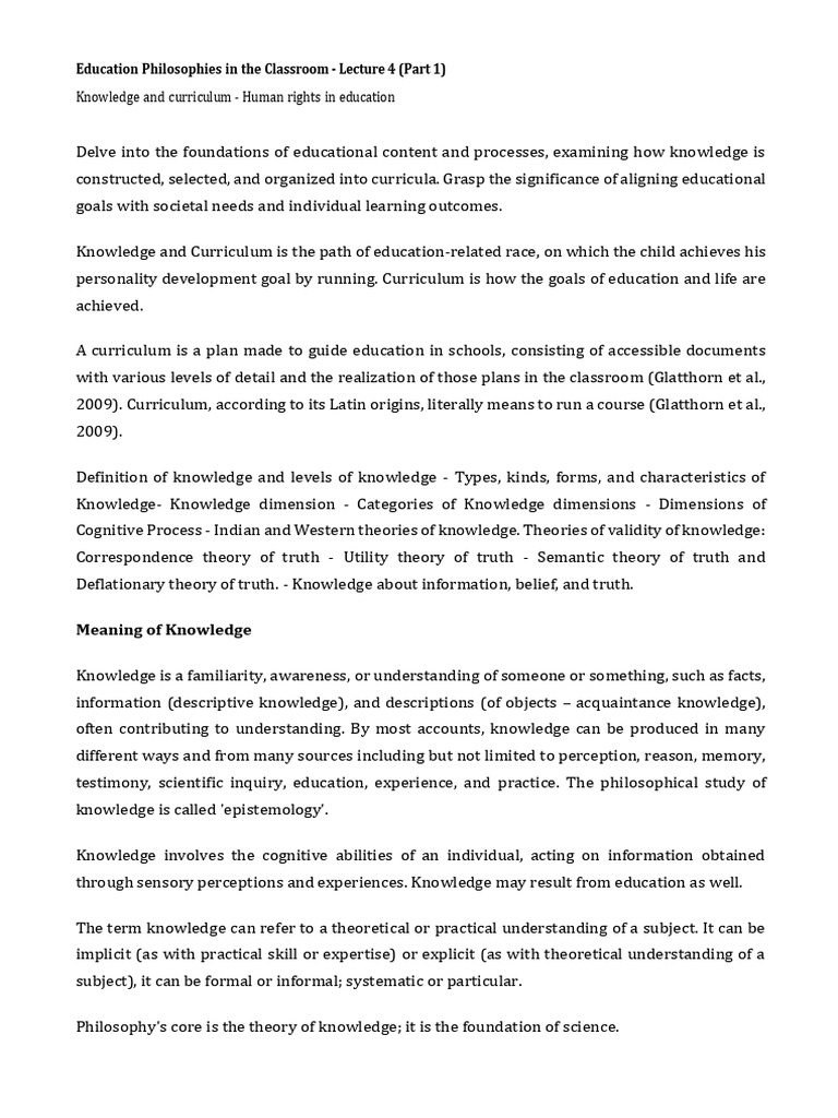 4 - Lecture 4 (Part 1) Education Philosophies in The Classroom | PDF | Knowledge | A Priori And ...