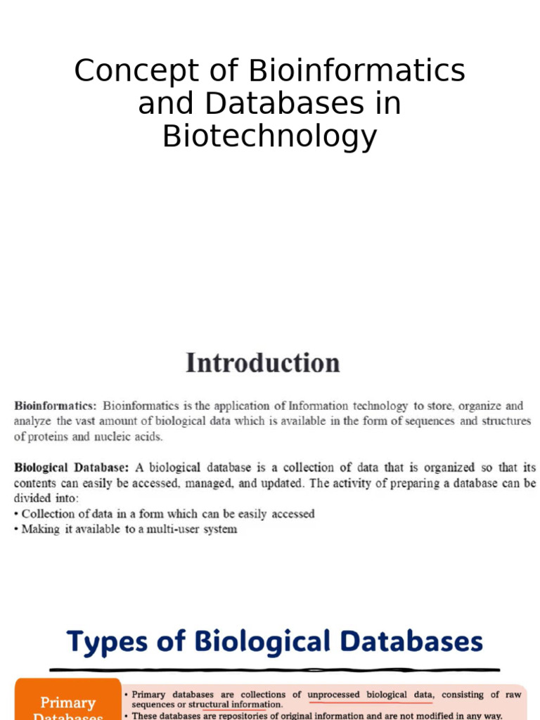 Concept of Bioinformatics and Databases in Biotechnology | PDF