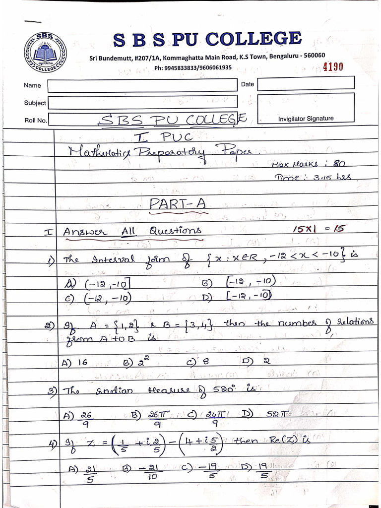 Maths Preparatory Papers 1st Puc | PDF