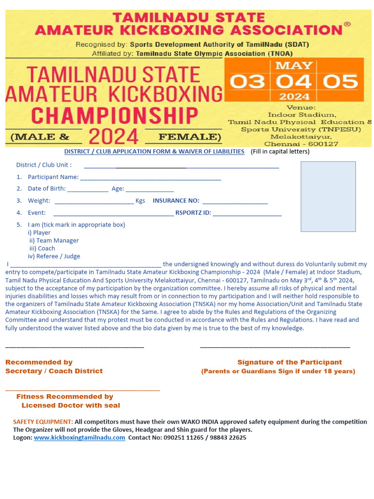 TNSKA State Championship - 2024 Application Form | PDF