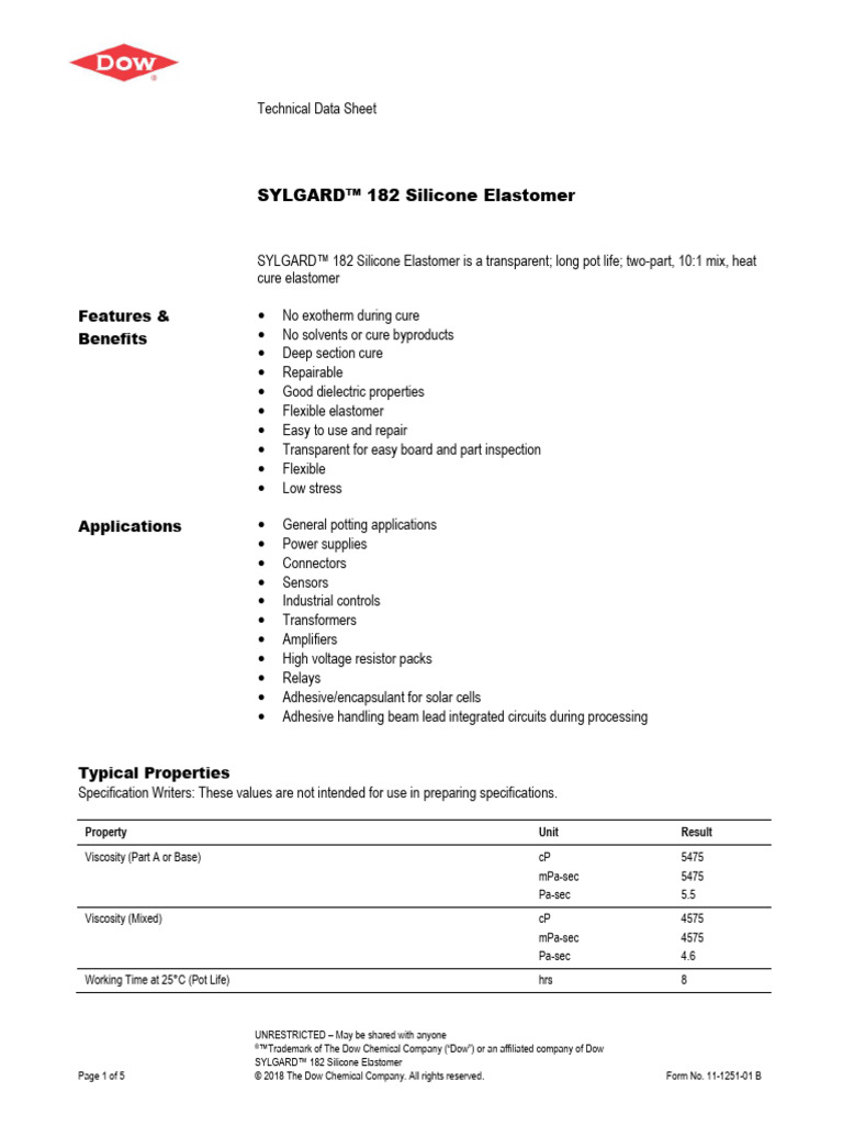 TDS - SYLGARD - 182 - Silicone - Elastomer - Kit Shelf Life Components ...