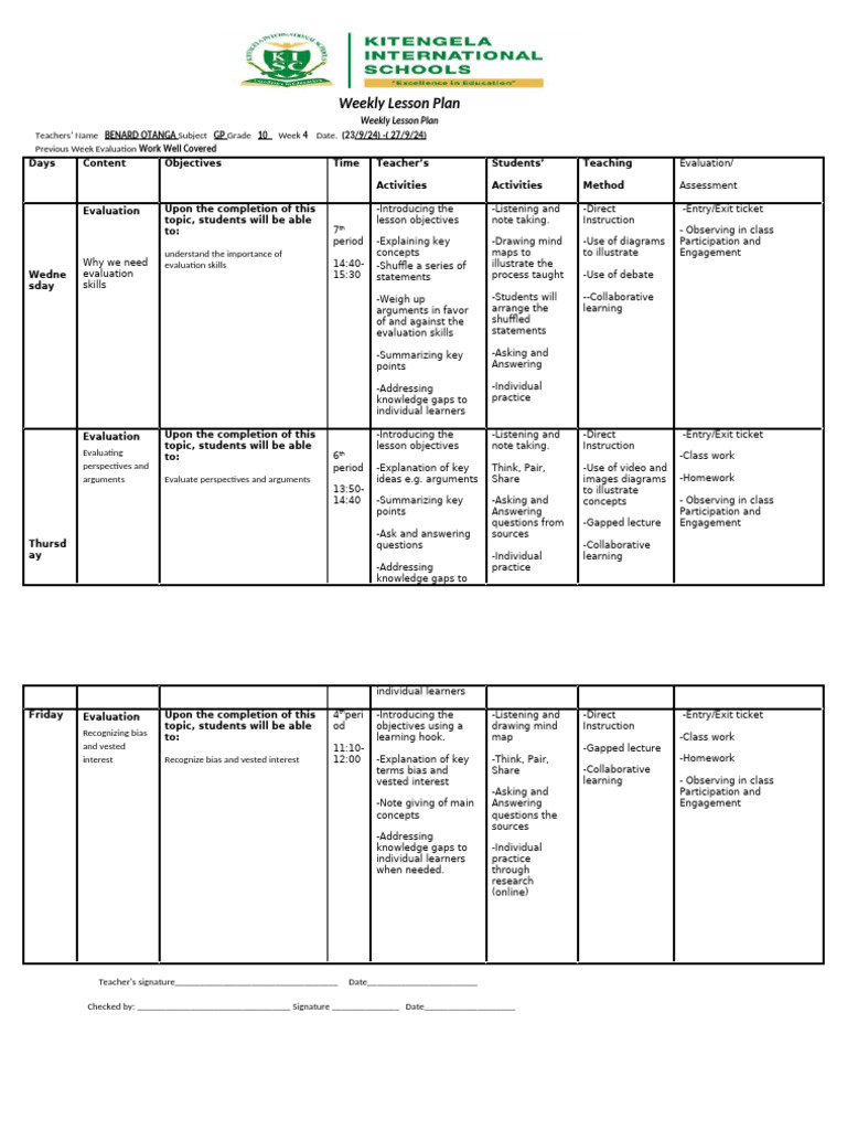 Year 10 GP Lesson Plan WK 5 | PDF | Lesson Plan | Evaluation