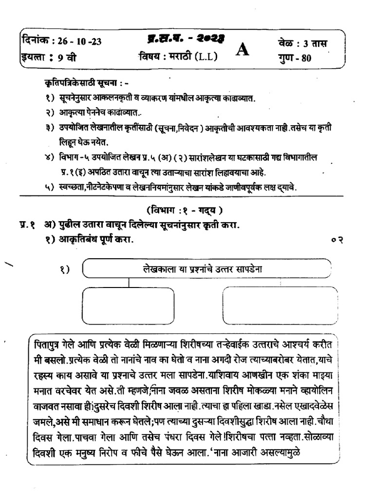 MH Board Class 9 1 Sem Marathi Set A 241123 Oct 2023 | PDF