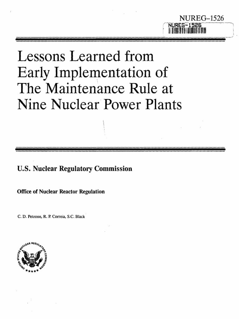 NUREG-1526 Lessons Learned From Earlyt Implementation of The Maintenace ...