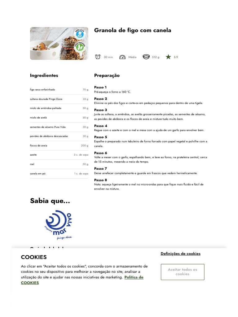 Granola de Figo Com Canela - Receitas - Pingo Doce | PDF