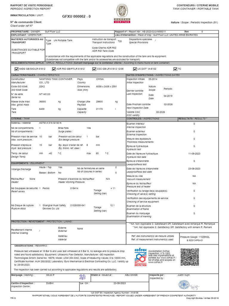ISO Tank Certificate - GFXU0000020-5Y-23082023 | PDF