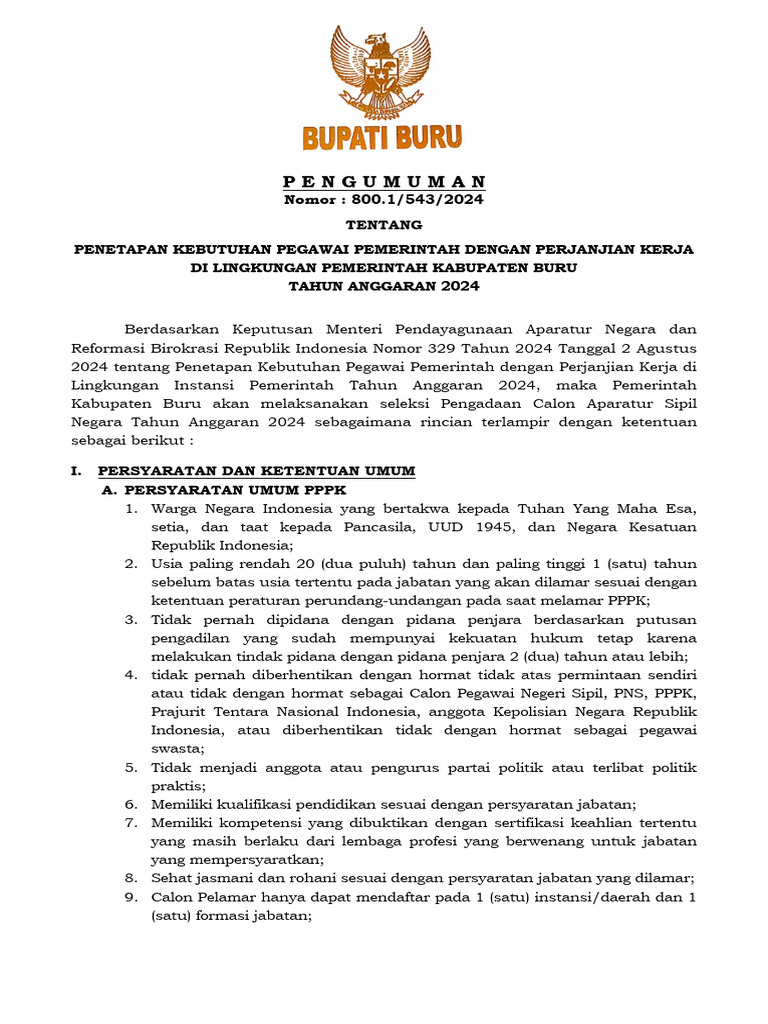 Pengumuman Penetapan Formasi PPPK Kab. Buru Tahun 2024 | PDF