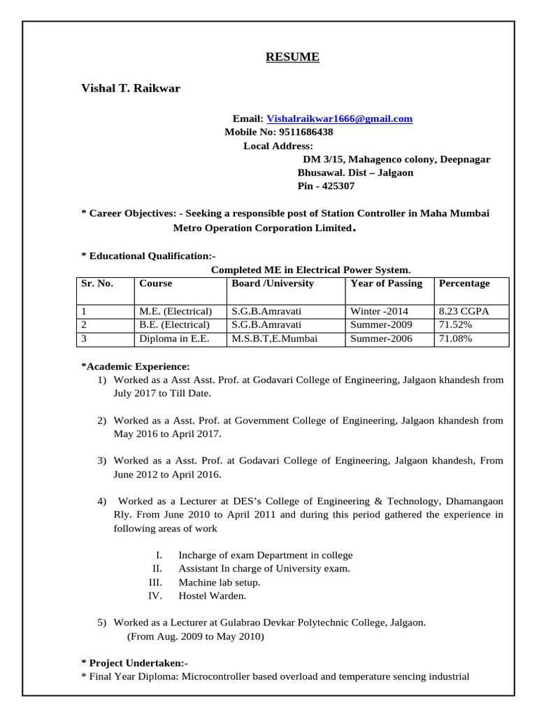 ResumeVISHAL RAIKWAR Electrical | PDF | Electricity | Engineering