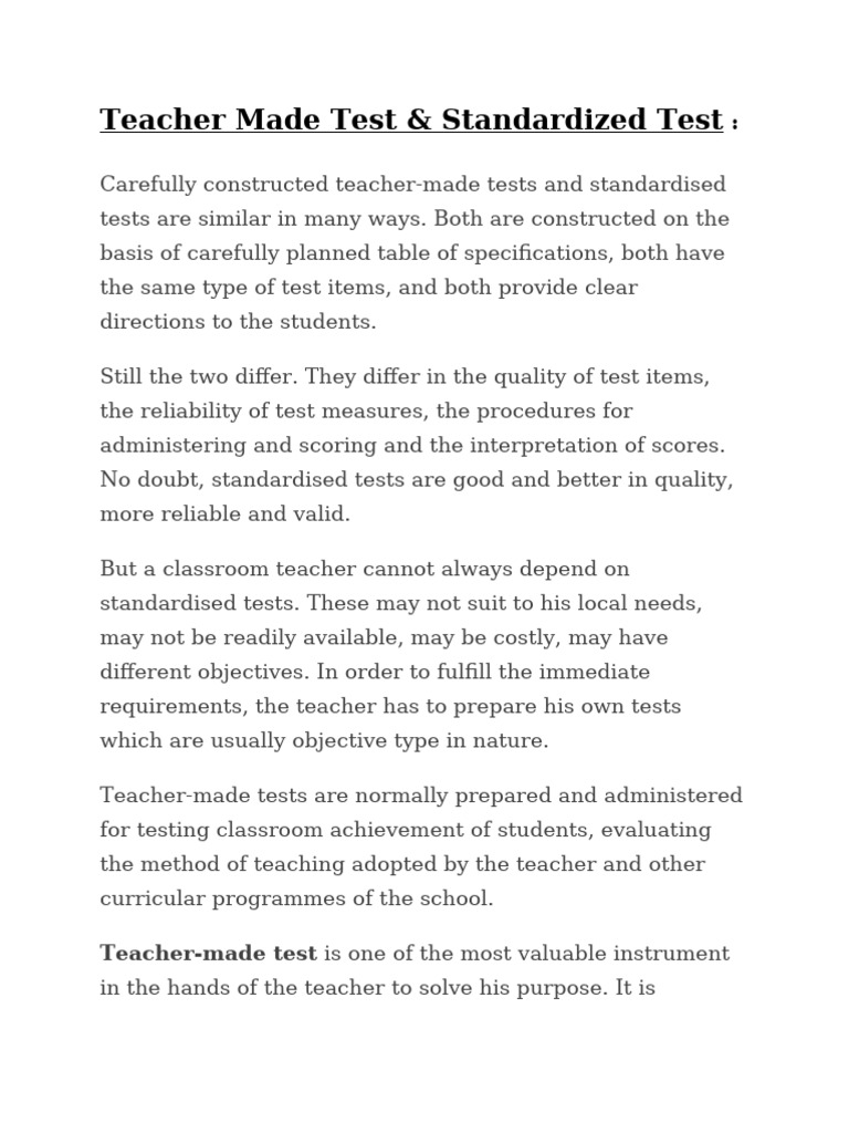 Teacher Made Test & Standerdized Test | PDF | Standardized Tests | Teachers