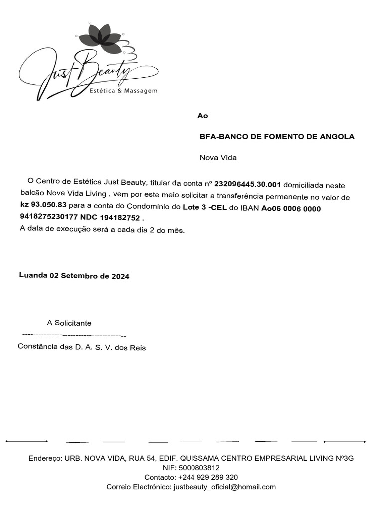 Solicitação de Transferência Just Beauty | PDF