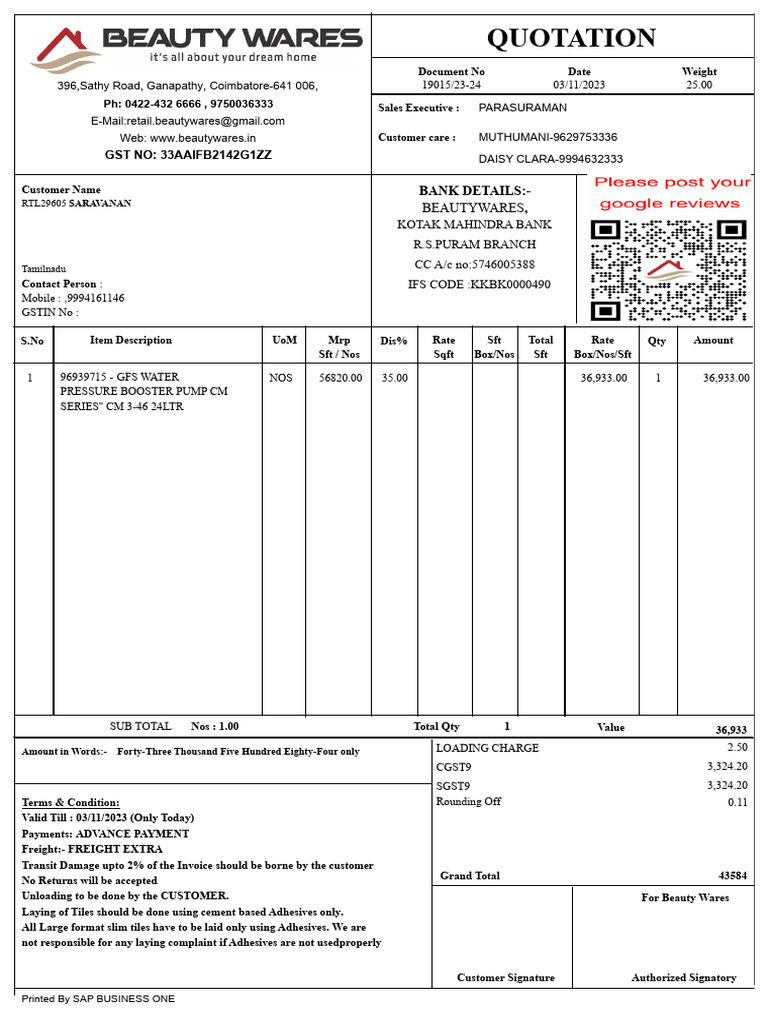 Quotation: GST NO: 33AAIFB2142G1ZZ | PDF