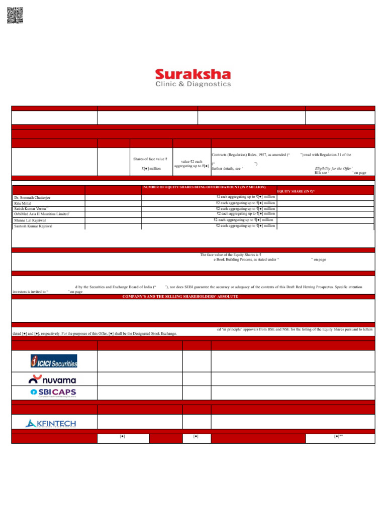 Suraksha Diagnostic Limited - Draft Red Herring Prospectus | PDF | Stocks | Investing
