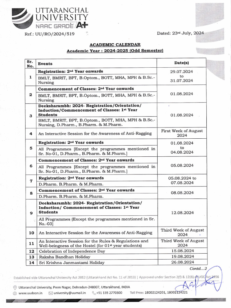 Academic Calendar, Academic Year 2024-2025 (Odd Semester) | PDF ...