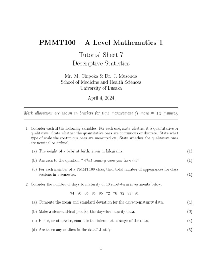 PMMT100 Tutorial Sheet 7 | PDF | Quartile | Statistical Analysis