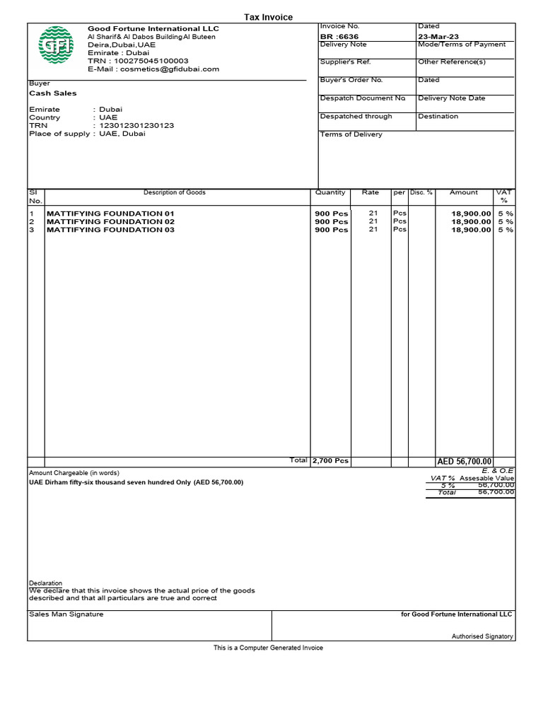 Tax Invoice for Good Fortune LLC | PDF | Invoice | Dubai