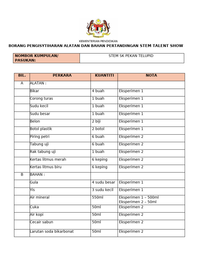 Borang Pengisytiharan Alatan Dan Bahan Pertandingan Stem Talent Show | PDF
