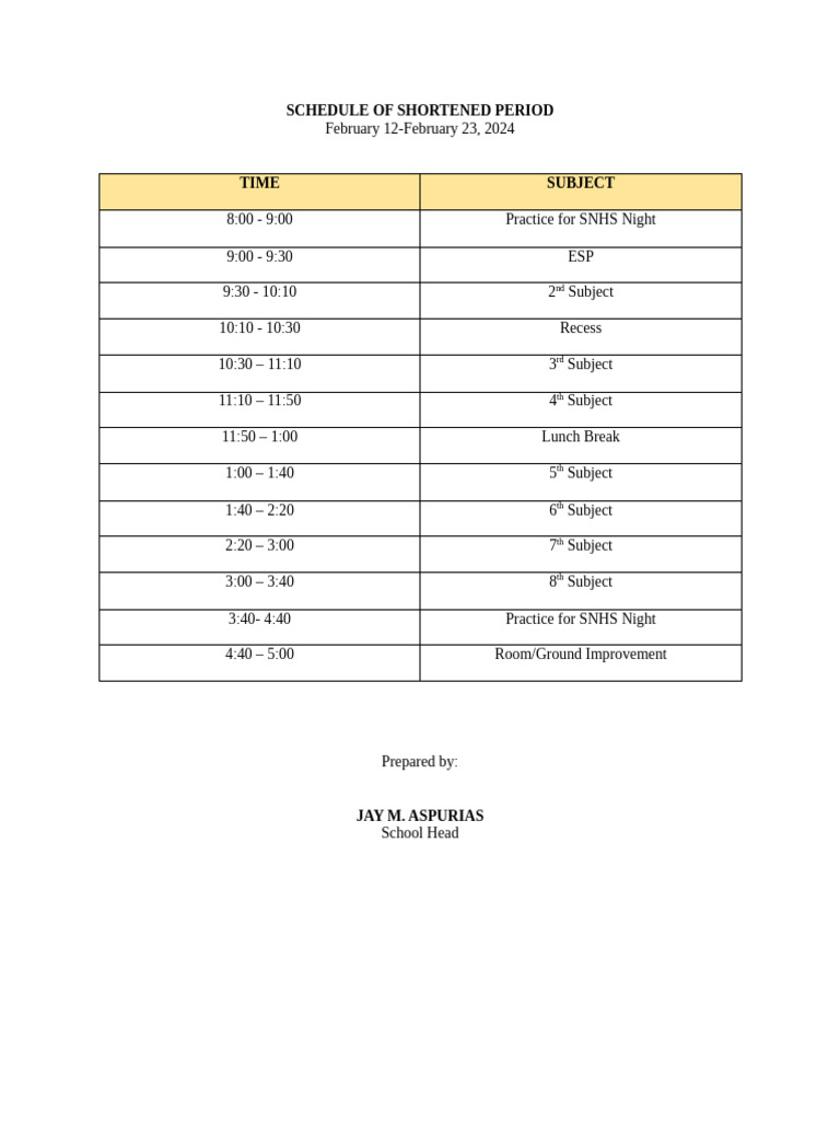 Schedule of Shortened Period | PDF