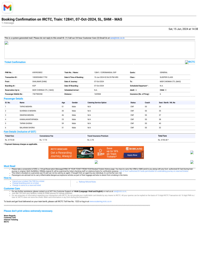 Gmail - Booking Confirmation On IRCTC, Train - 12841, 07-Oct-2024, SL ...