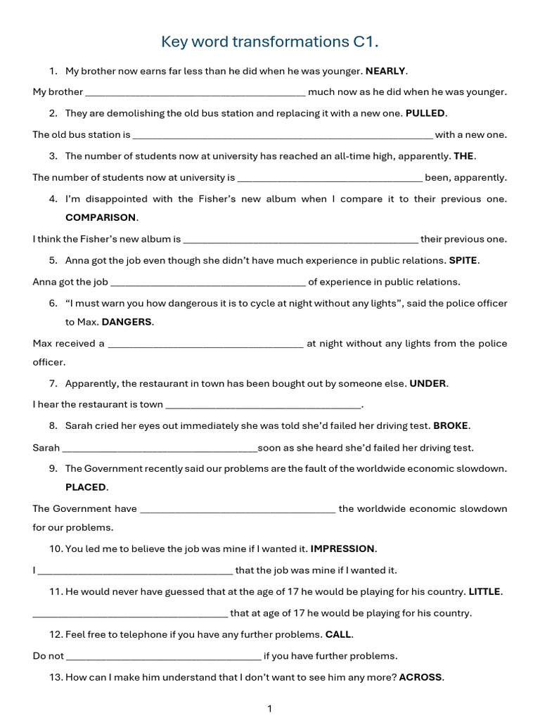 Key Word Transformations C1 | PDF