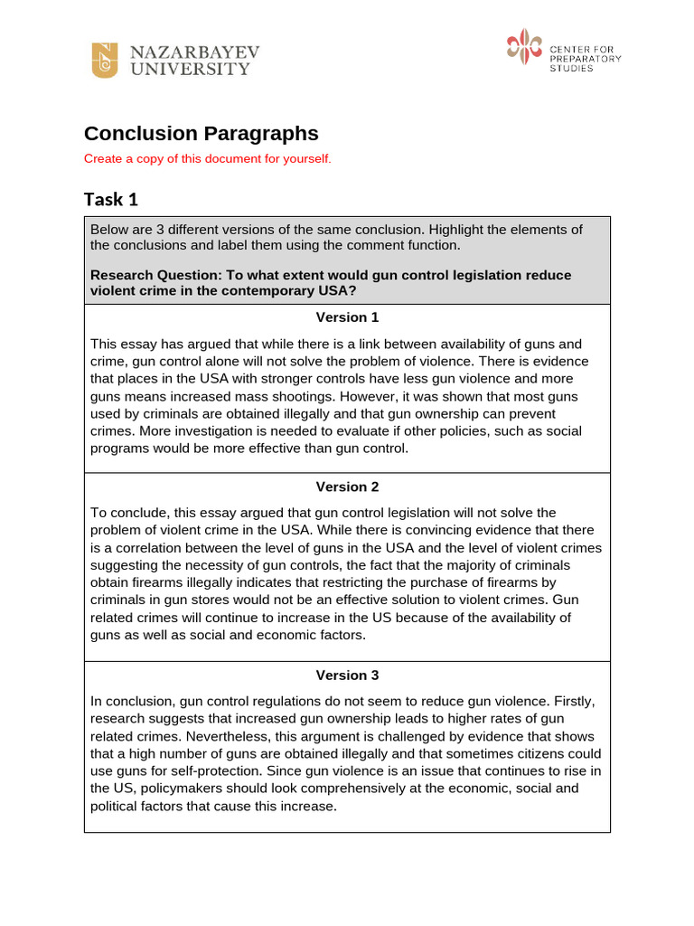 Student Handout - Conclusion Tasks | PDF | Gun Control | Gun Violence ...