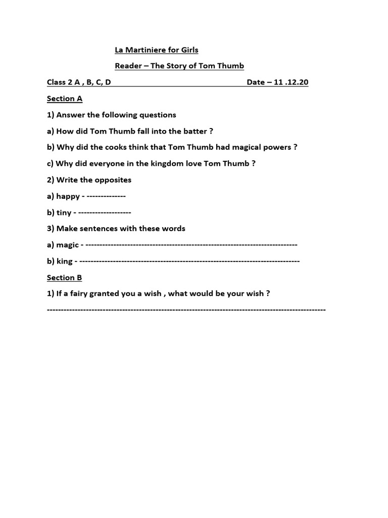 Practice Sheet the Story of Tom Thumb | PDF