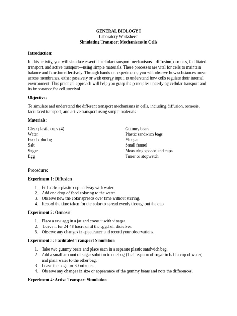 Lab 3 Simulating Transport Mechanisms in Cells 2 | PDF | Osmosis | Cell ...