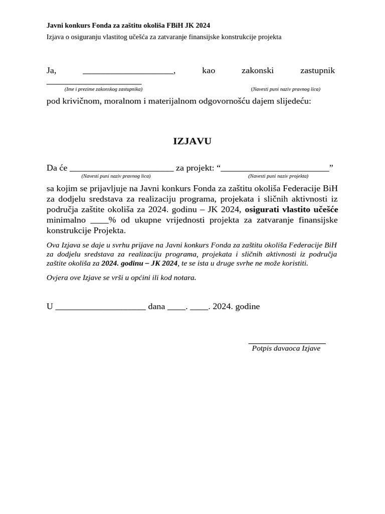 H Izjava o Zatvaranju Finansijske Konstrukcije JK 2024 | PDF