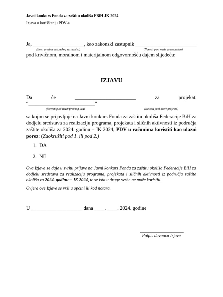 G Izjava o Koristenju PDV a JK 2024 | PDF