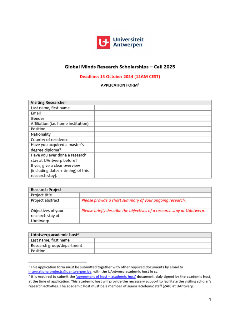 Global Minds Research Scholarships - Call 2025: Deadline: 15 October 2024 (12AM CEST) | PDF ...