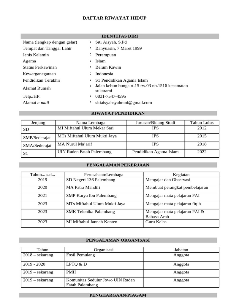 CV Siti Aisyah: Guru PAI Berpengalaman | PDF
