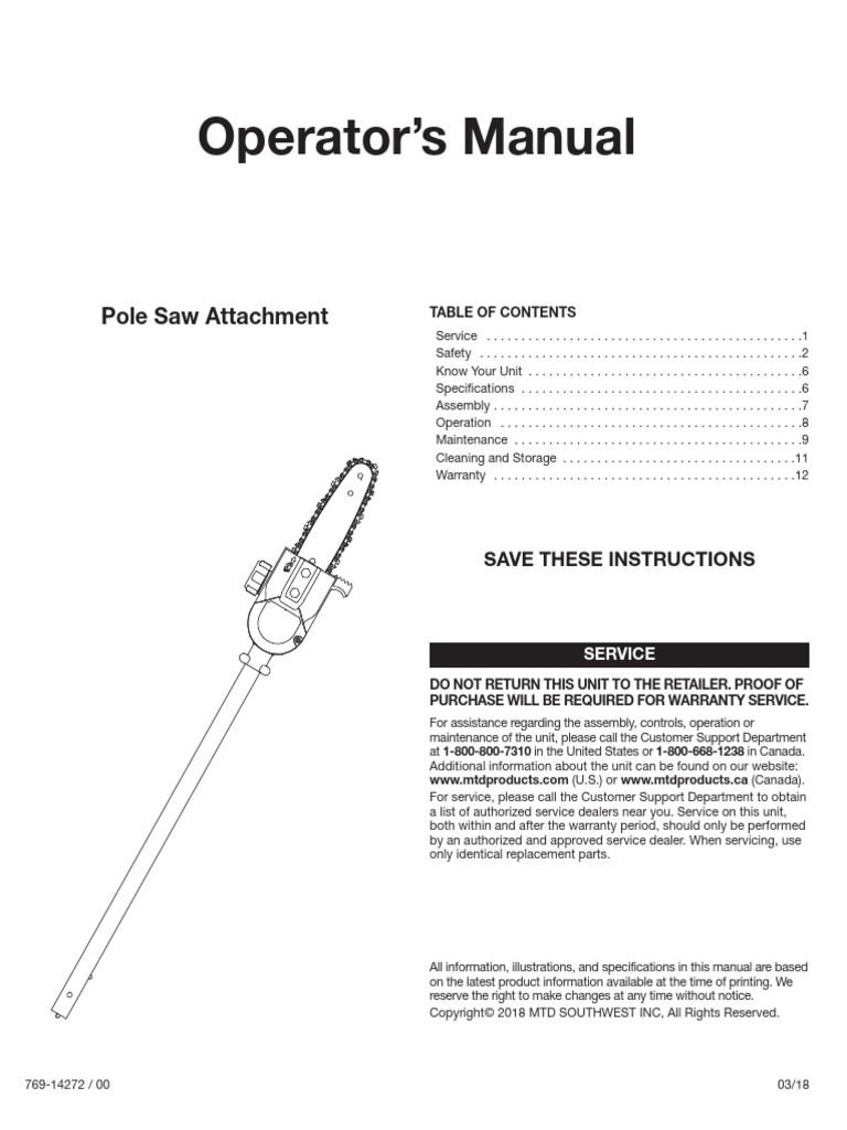 Troy Built PS720 TrimmerPlus® Add-On Pole Saw | PDF | Manufactured Goods