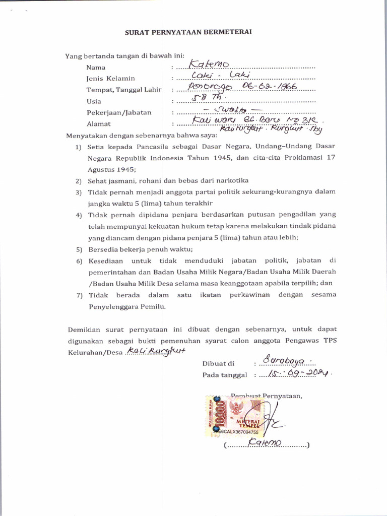 Surat Pernyataan Bermaterai | PDF