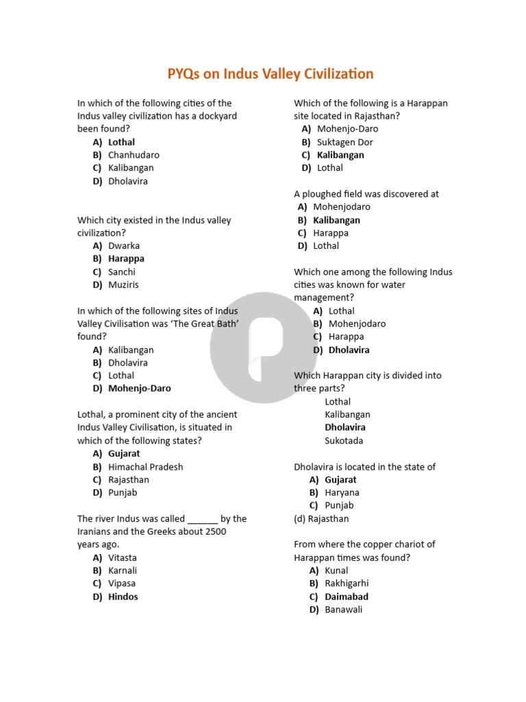 Indus Valley Civilization MCQs and PYQs | PDF | Indus River
