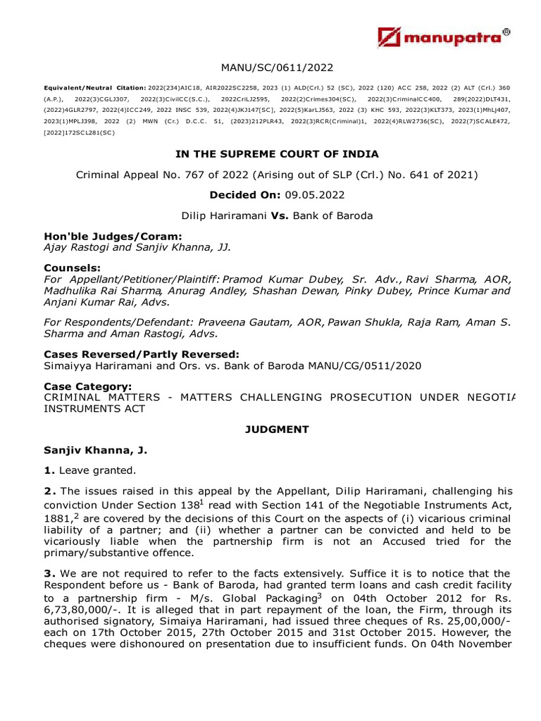 Hariramani v. Bank of Baroda Case Summary | PDF | Cheque | Judgment (Law)