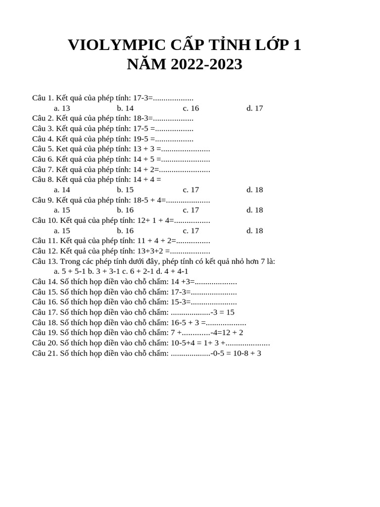 VIOLYMPIC CẤP TỈNH LỚP 1. NĂM 2023 | PDF