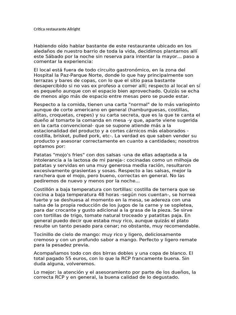 Crítica Restaurante Allright | PDF | Alimentos | Cocina